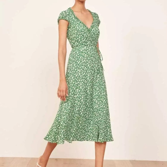 Reformation | Dresses | Reformation Gwenyth Dress Medium Daisies Floral Green Midi Wrap Ruffle ...